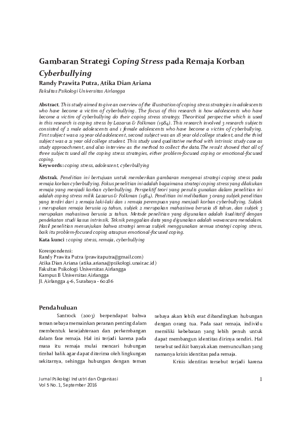 (PDF) Gambaran Strategi Coping Stress pada Remaja Korban Cyberbullying