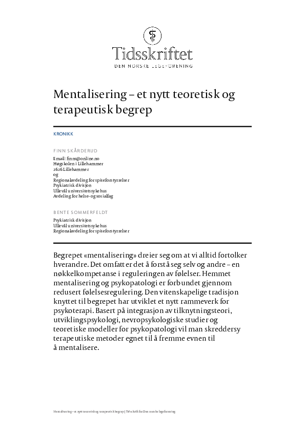 (PDF) Mentalisering – et nytt teoretisk og terapeutisk begrep
