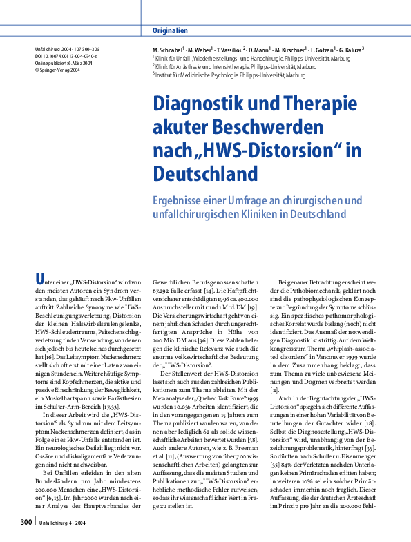 (PDF) Diagnostik und Therapie akuter Beschwerden nach ?HWS-Distorsion? in Deutschland
