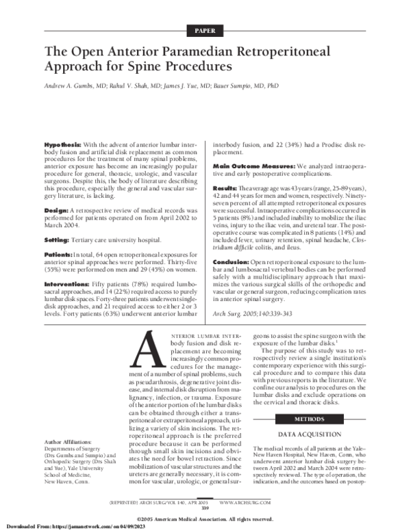 (PDF) The Open Anterior Paramedian Retroperitoneal Approach for Spine ...