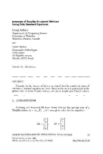 (PDF) Inversion of Toeplitz structured matrices using only standard ...