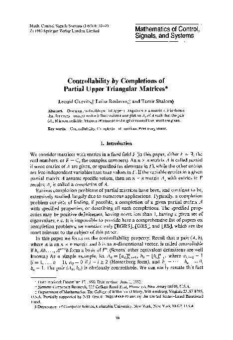 (PDF) Controlability by completions of partial upper triangular matrices