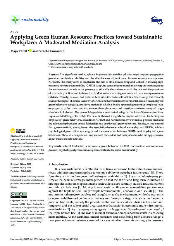 (PDF) Applying Green Human Resource Practices toward Sustainable Workplace: A Moderated ...