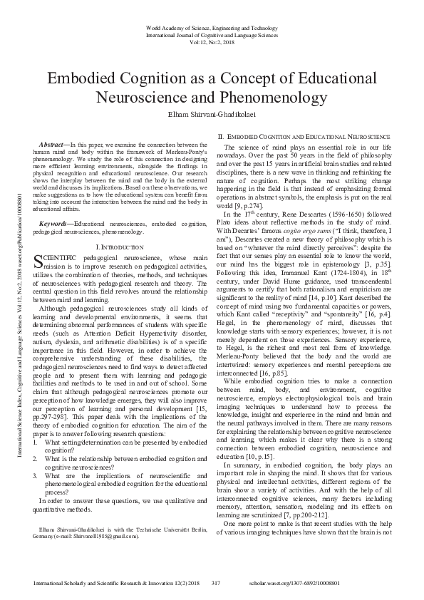 (PDF) Embodied Cognition As A Concept Of Educational Neuroscience And Phenomenology