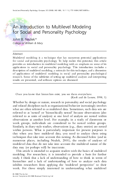 (PDF) An Introduction to Multilevel Modeling for Social and Personality ...