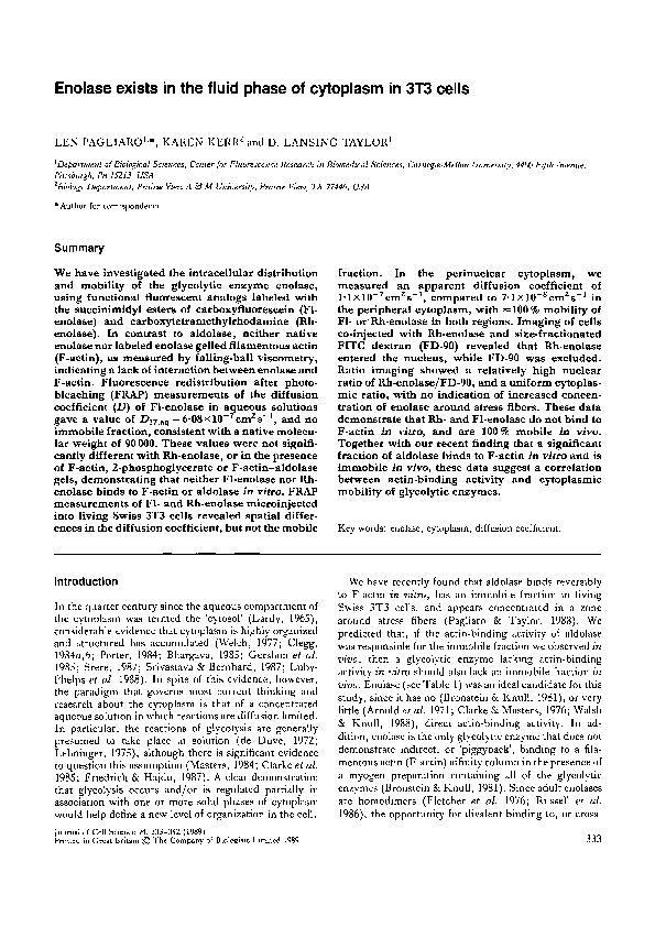 (PDF) Enolase exists in the fluid phase of cytoplasm in 3T3 cells