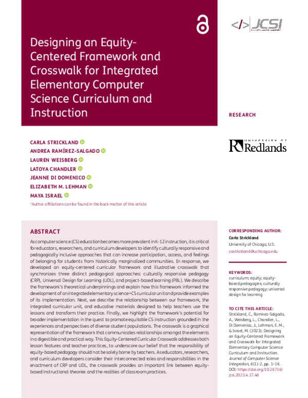 (PDF) Designing an Equity-Centered Framework and Crosswalk for Integrated Elementary Computer ...