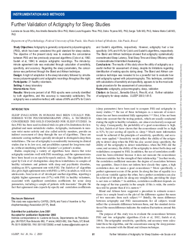 (PDF) Evaluating Actigraphy vs Polysomnography for Sleep