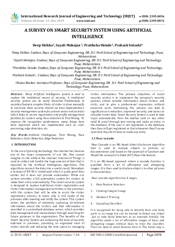 (PDF) A Survey on Smart Security System Using Artificial Intelligence