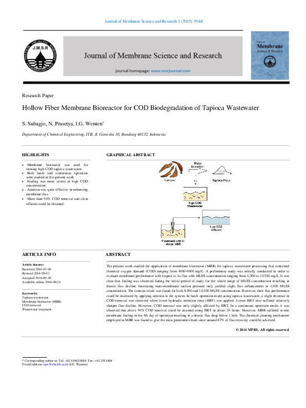 (PDF) Hollow Fiber Membrane Bioreactor for COD Biodegradation of ...