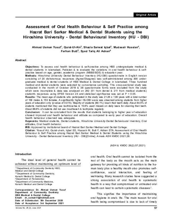 (PDF) Assessment of Oral Health Behaviour & Self Practice among Hazrat ...
