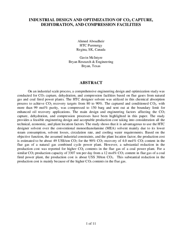 (PDF) Industrial Design and Optimization of CO2 Capture, Dehydration ...