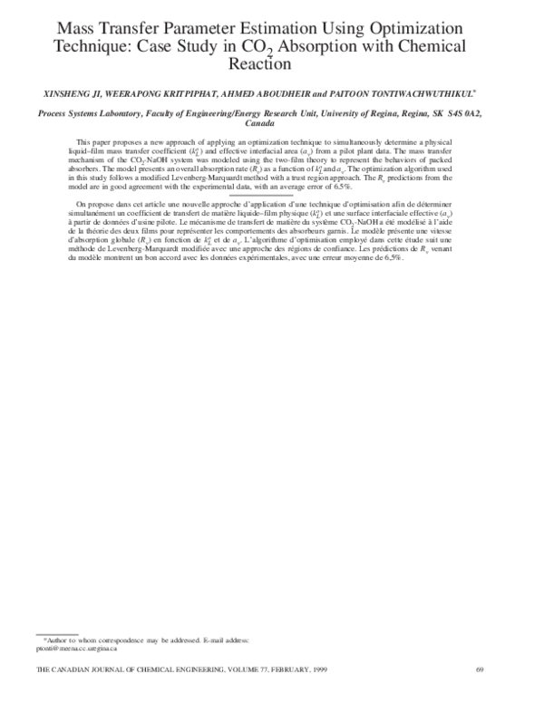 (PDF) Mass transfer parameter estimation using optimization technique: Case study in CO2 ...