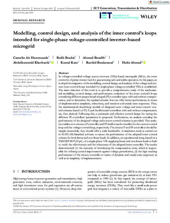Pdf Modelling Control Design And Analysis Of The Inner Controls Loops Intended For Single