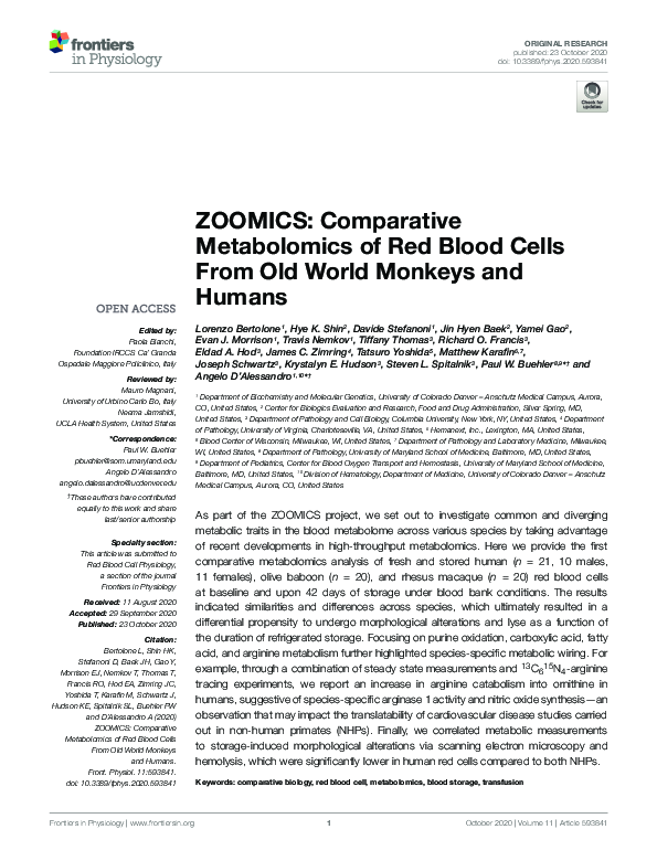 (PDF) ZOOMICS: Comparative Metabolomics of Red Blood Cells From Old ...