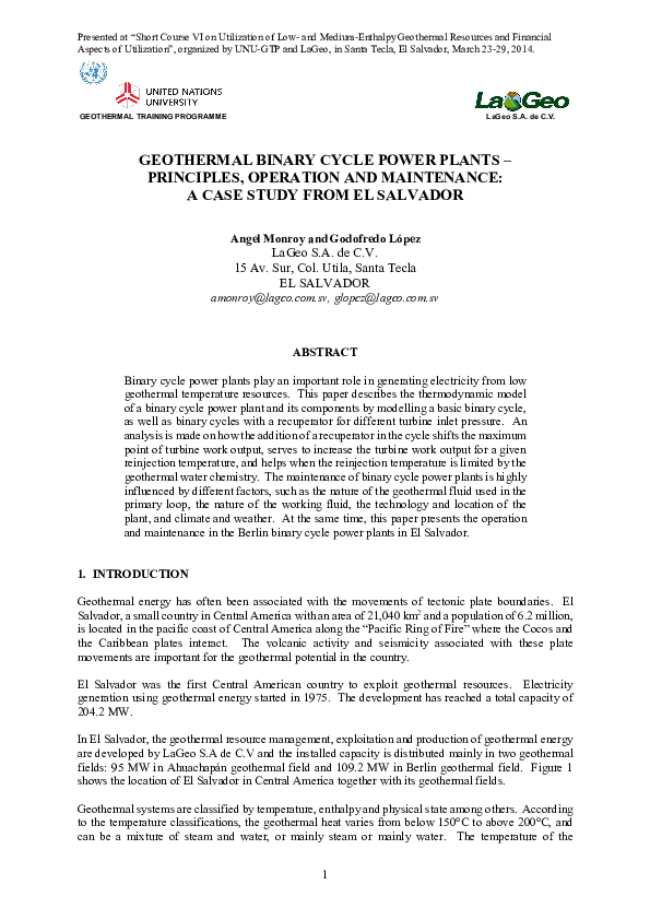 (PDF) Geothermal Binary Cycle Power Plants - Principles, Operation and Maintenance: A Case Study ...