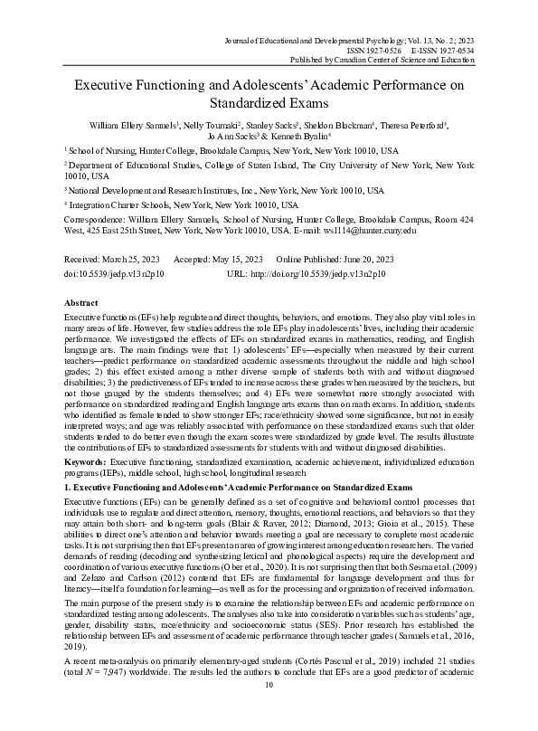 (PDF) Executive Functioning and Adolescents’ Academic Performance on Standardized Exams
