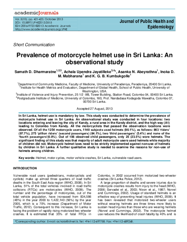 (PDF) Prevalence of motorcycle helmet use in Sri Lanka: An ...