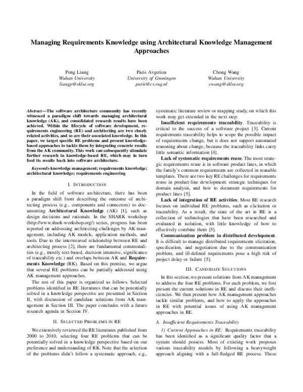 (PDF) Managing Requirements Knowledge using Architectural Knowledge Management Approaches