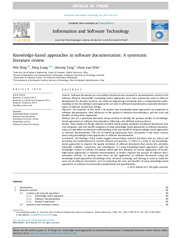 (PDF) Knowledge-based approaches in software documentation: A systematic literature review