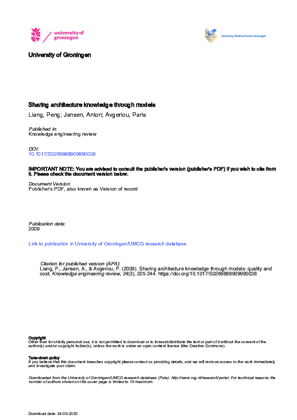 (PDF) Sharing architecture knowledge through models: quality and cost
