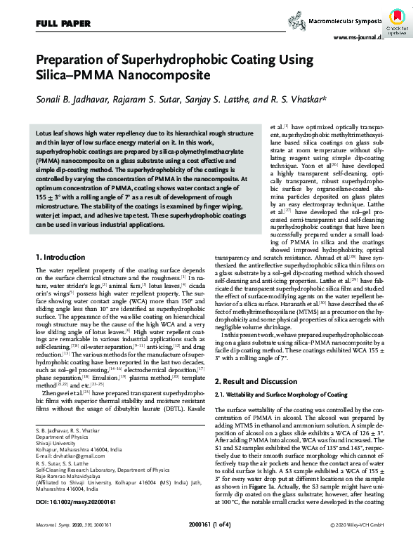 (PDF) Preparation of Superhydrophobic Coating Using Silica–PMMA Nanocomposite