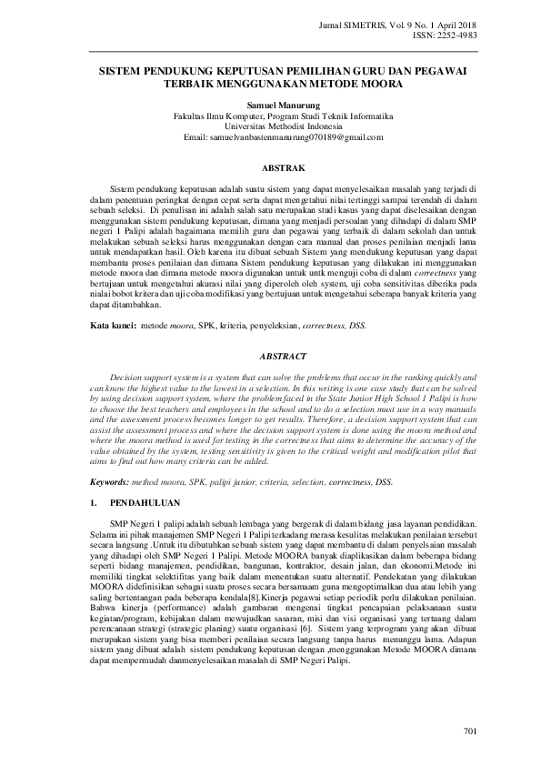 (PDF) Sistem Pendukung Keputusan Pemilihan Guru Dan Pegawai Terbaik Menggunakan Metode Moora