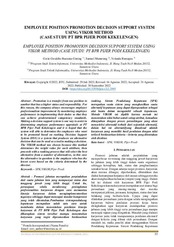 (PDF) Employee Position Promotion Decision Support System Using Vikor Method (Case Study PT BPR ...