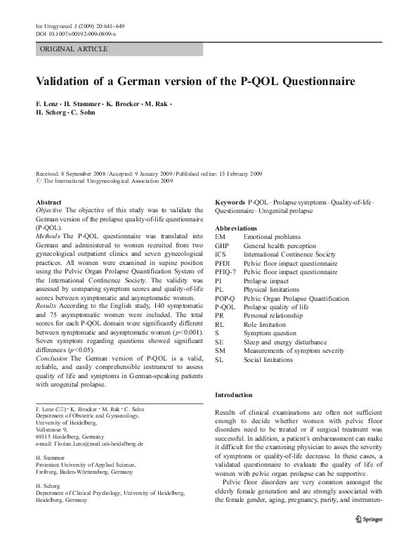(PDF) Validation of a German version of the P-QOL Questionnaire