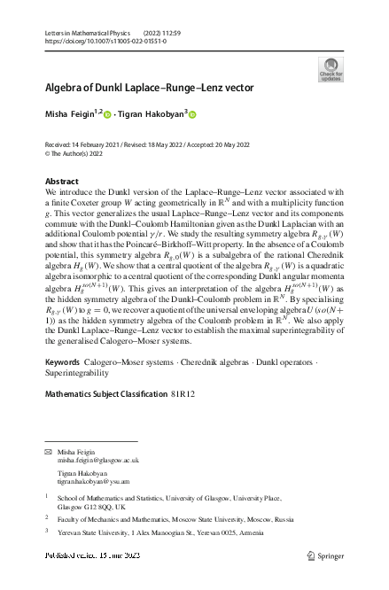 (PDF) Algebra of Dunkl Laplace–Runge–Lenz vector | Tigran Hakobyan ...