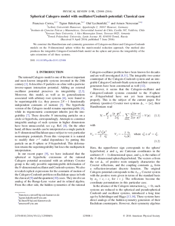 (PDF) Spherical Calogero model with oscillator/Coulomb potential: Classical case