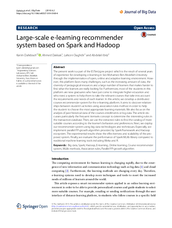 (PDF) Large-scale e-learning recommender system based on Spark and Hadoop