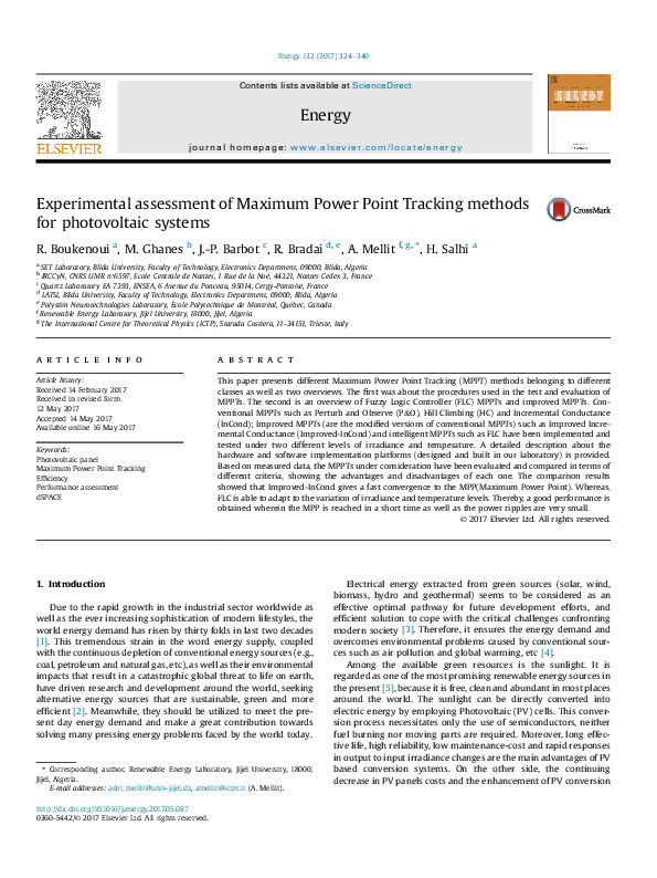 (PDF) Experimental assessment of Maximum Power Point Tracking methods for photovoltaic systems