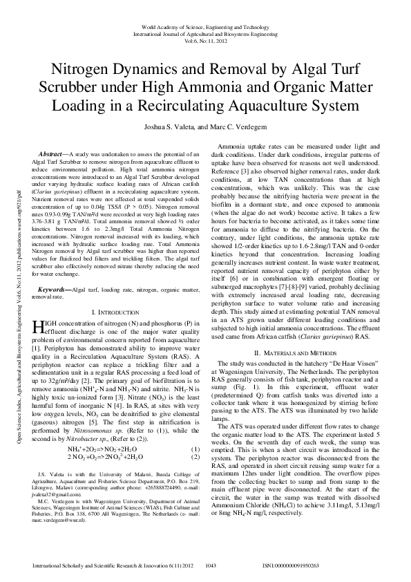 (PDF) Nitrogen Dynamics and Removal by Algal Turf Scrubber under High ...
