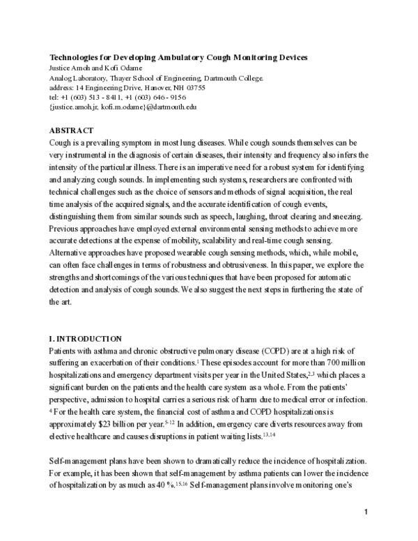 (PDF) Technologies for Developing Ambulatory Cough Monitoring Devices