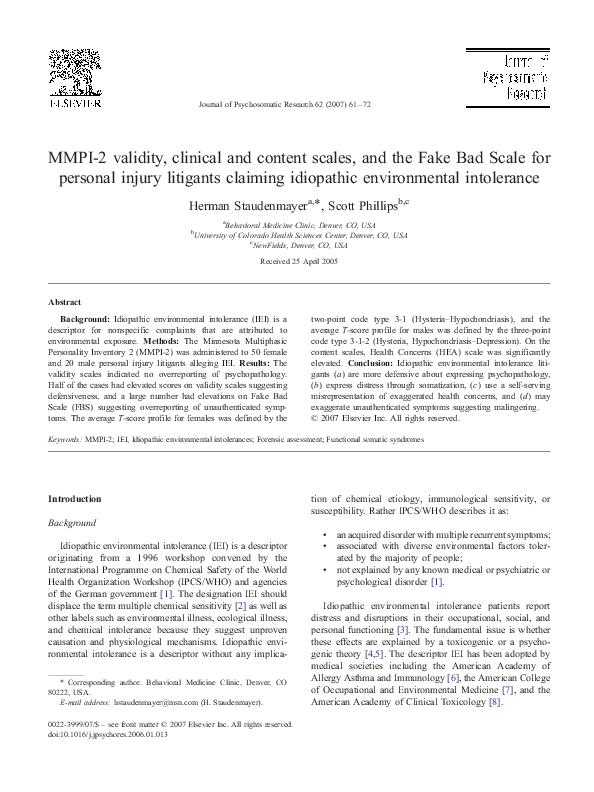 (PDF) MMPI-2 validity, clinical and content scales, and the Fake Bad ...
