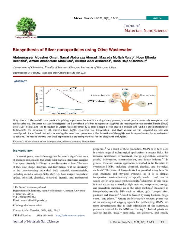 (PDF) Biosynthesis of Silver nanoparticles using Olive Wastewater | Nour Elhoda - Academia.edu