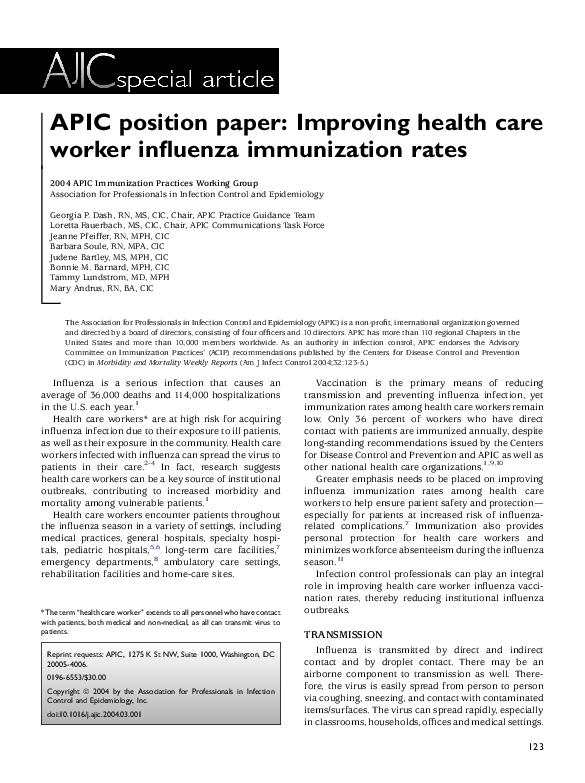 (PDF) APIC position paper: improving health care worker influenza ...