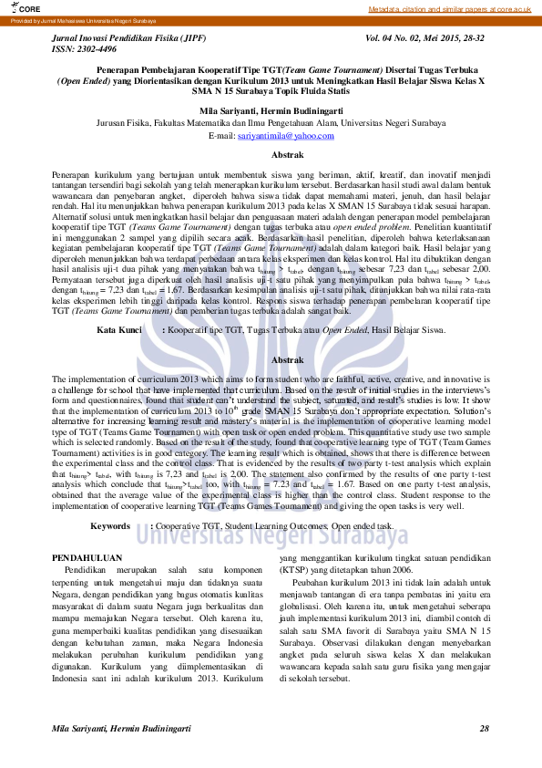 (PDF) Penerapan Pembelajaran Kooperatif Tipe TGT(Team Game Tournament) Disertai Tugas Terbuka ...