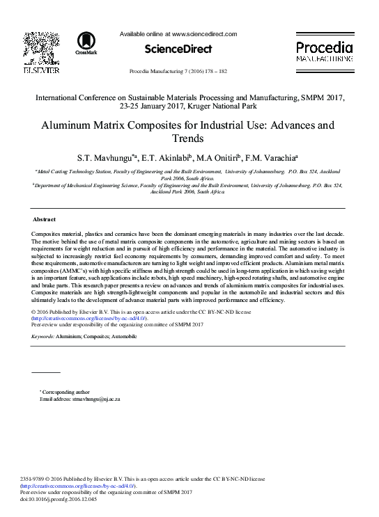 (PDF) Aluminum Matrix Composites for Industrial Use: Advances and Trends