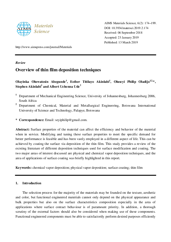 (PDF) Overview of thin film deposition techniques