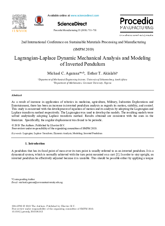 (PDF) Lagrangian-Laplace Dynamic Mechanical Analysis and Modeling of Inverted Pendulum
