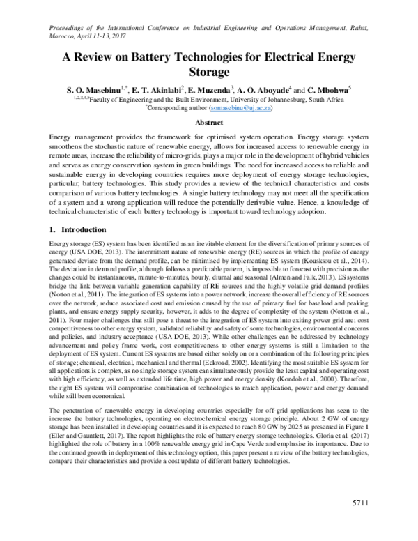 (PDF) A review on battery technologies for electrical energy storage