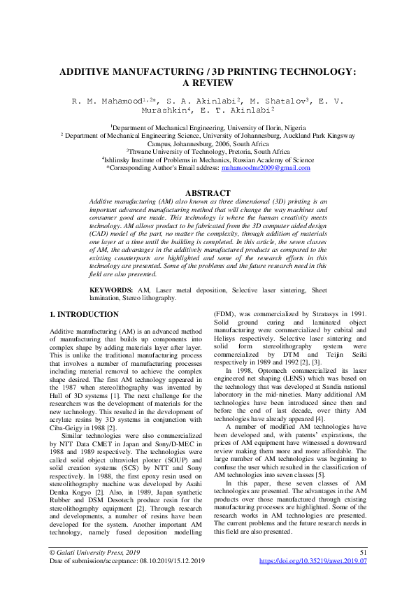 (PDF) Additive Manufacturing / 3D Printing Technology: A Review