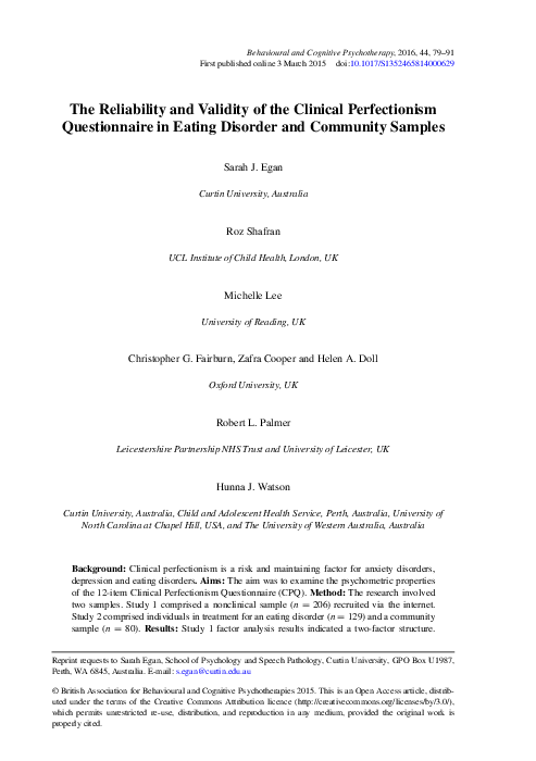 (PDF) The Reliability and Validity of the Clinical Perfectionism Questionnaire in Eating ...