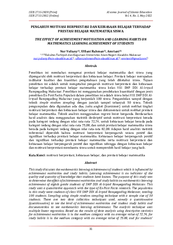 (PDF) Pengaruh Motivasi Berprestasi Dan Kebiasaan Belajar Terhadap Prestasi Belajar Matematika Siswa