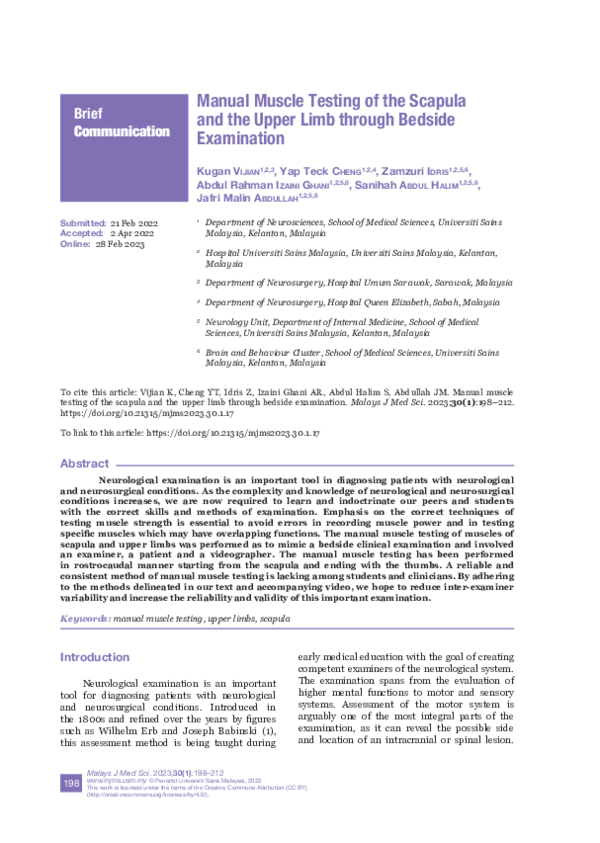 (PDF) Manual Muscle Testing of the Scapula and the Upper Limb through ...