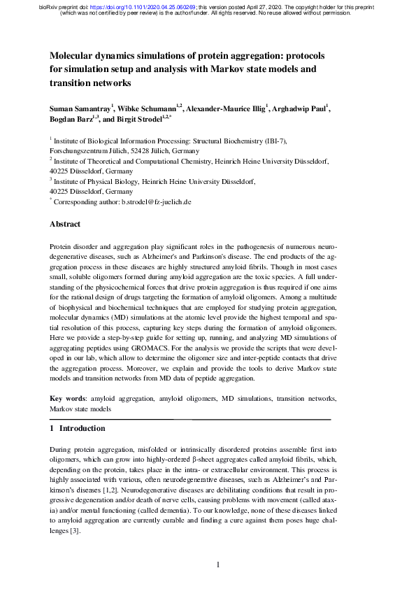 (PDF) Molecular dynamics simulations of protein aggregation: protocols for simulation setup and ...