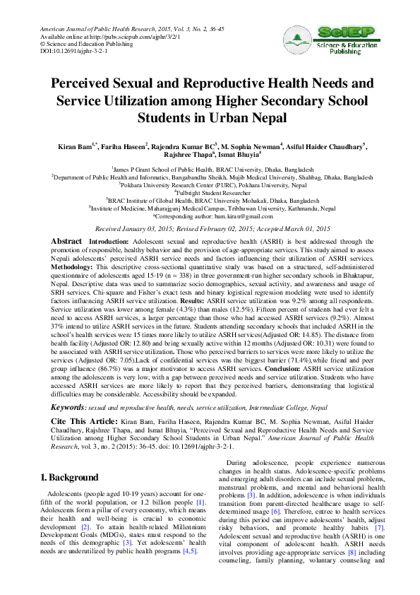 (PDF) Perceived Sexual and Reproductive Health Needs and Service ...