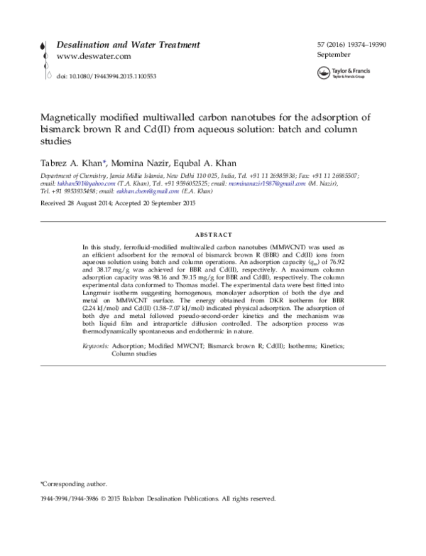 (PDF) Magnetically modified multiwalled carbon nanotubes for the adsorption of bismarck brown R ...